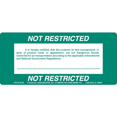 Not Restricted Label, Dangerous Goods Forms, B45